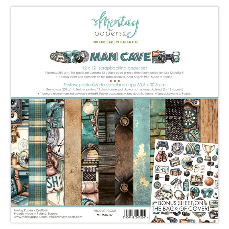 Mintay Papers -Man Cave 12 x 12 Scrapbooking Paper set – 10Cats